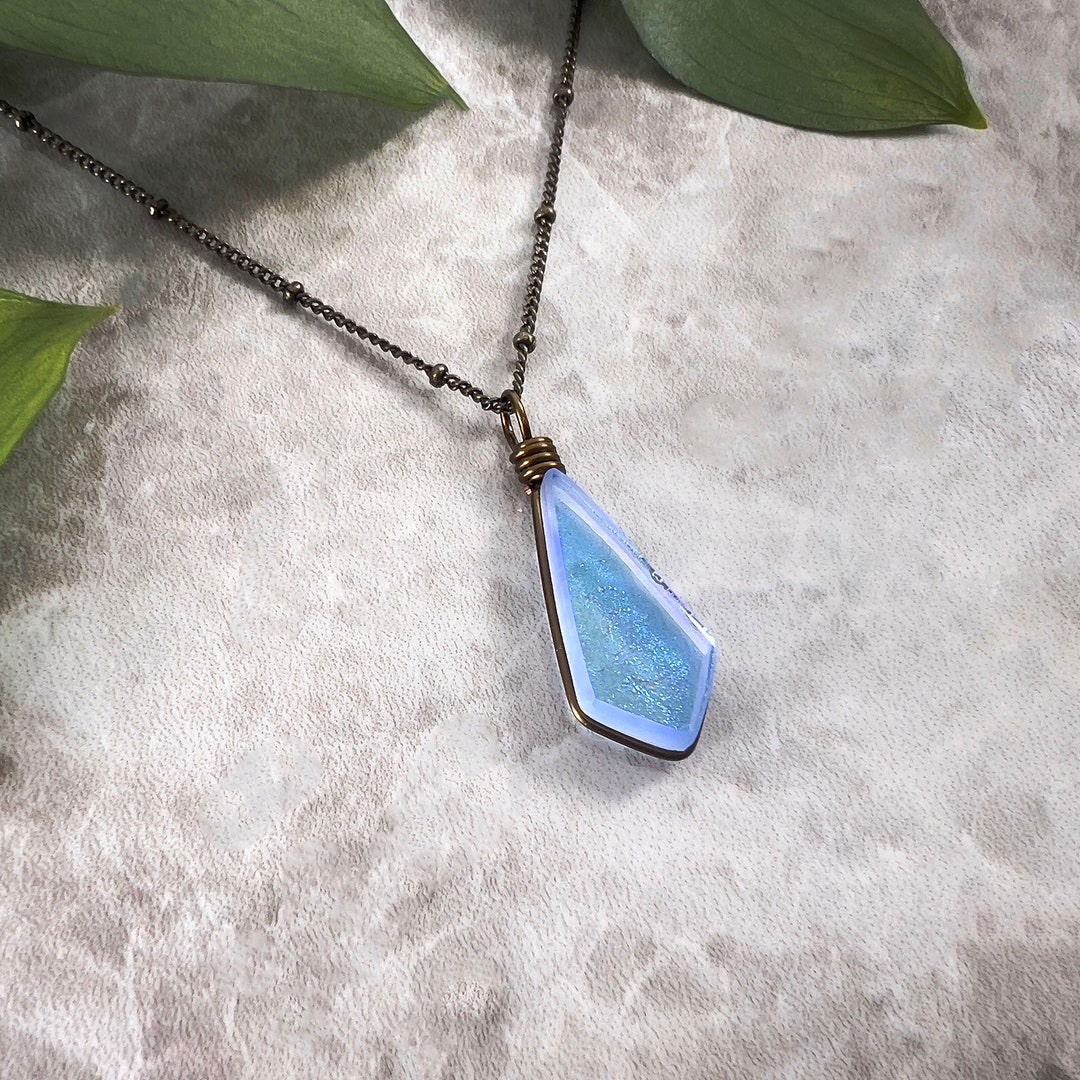 Light Blue Glass Pendant Fairycore Grunge Iridescent Necklace Retro ...