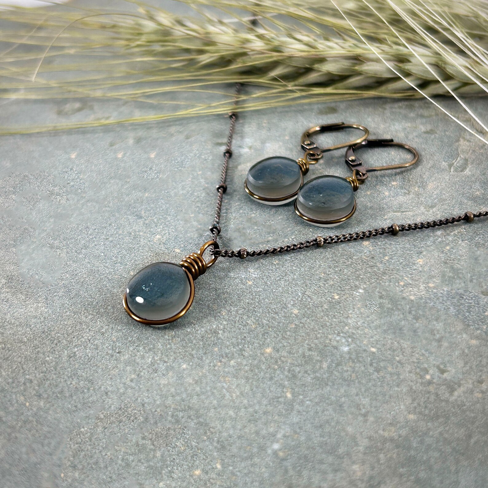 Gray Handmade Art Glass Necklace and Earring Set: Antiqued Brass ...
