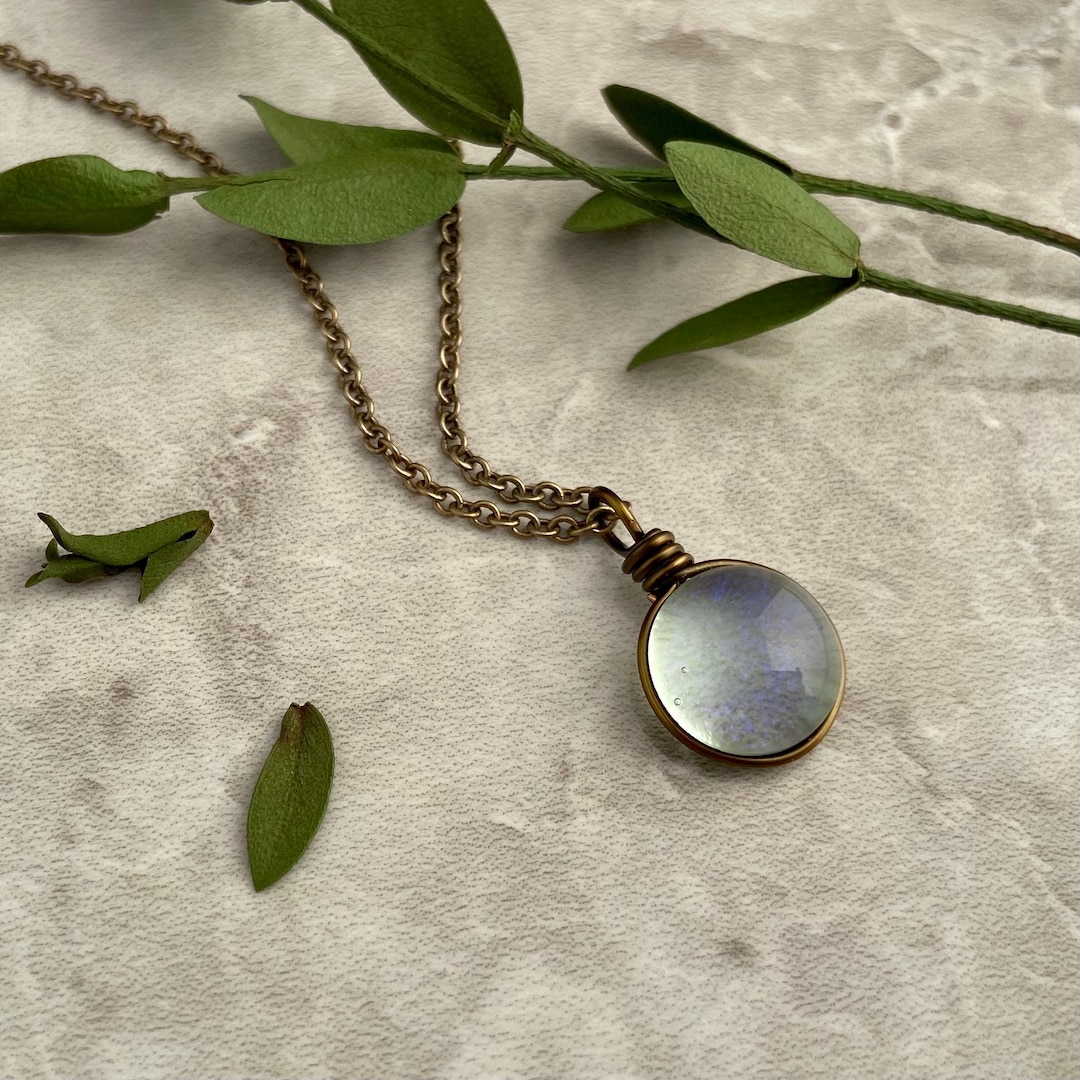 Raindrop Necklace: Spruce Green Tint Art Glass Pendant, Antiqued Brass ...