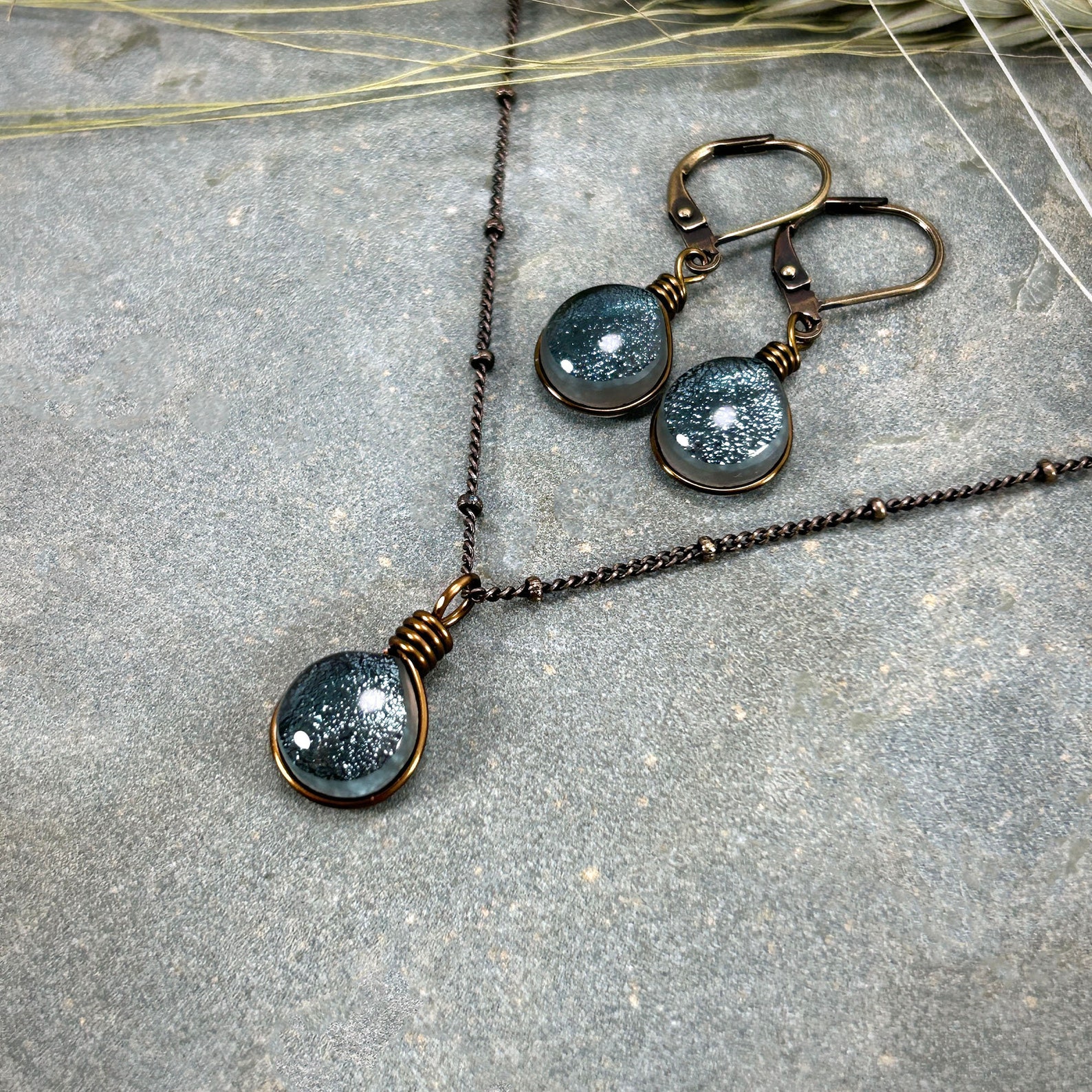 Gray Handmade Art Glass Necklace and Earring Set: Antiqued Brass ...