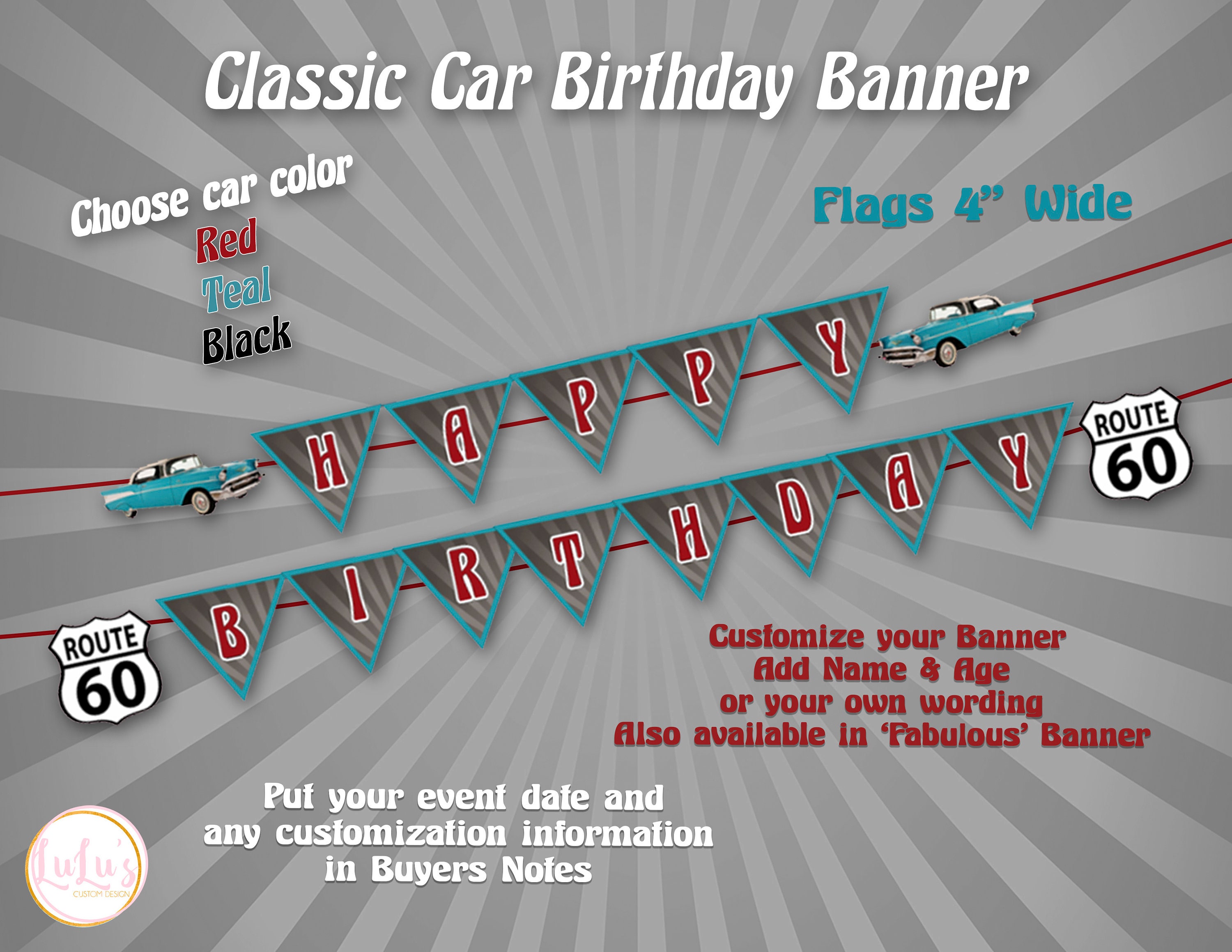 Classic Car Banner - Birthday Party Banner - Hot Rod Cars - 57 Chevy ...