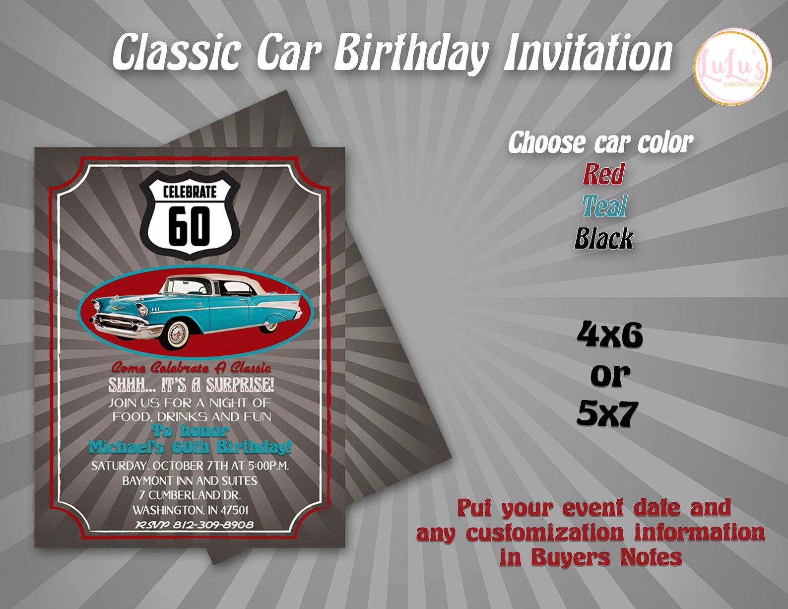 Classic Car Birthday Invitation 60th Birthday Invites - Etsy