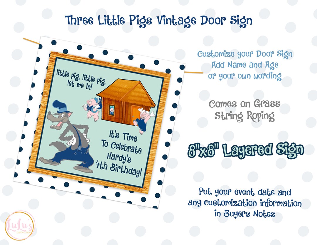 Three Little Pigs Vintage Birthday Party Door Sign Three Little Pigs ...