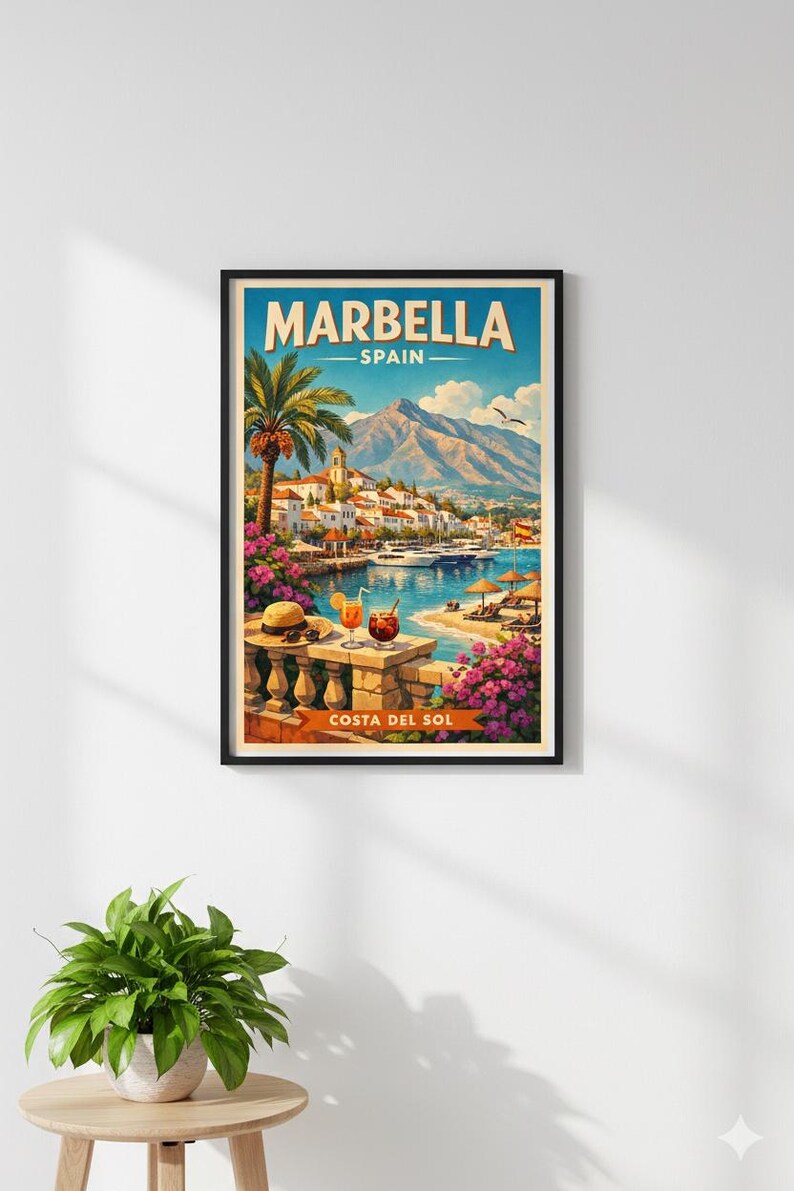 Marbella Spain Travel Poster - Costa Del Sol Vintage Art Print, Retro ...