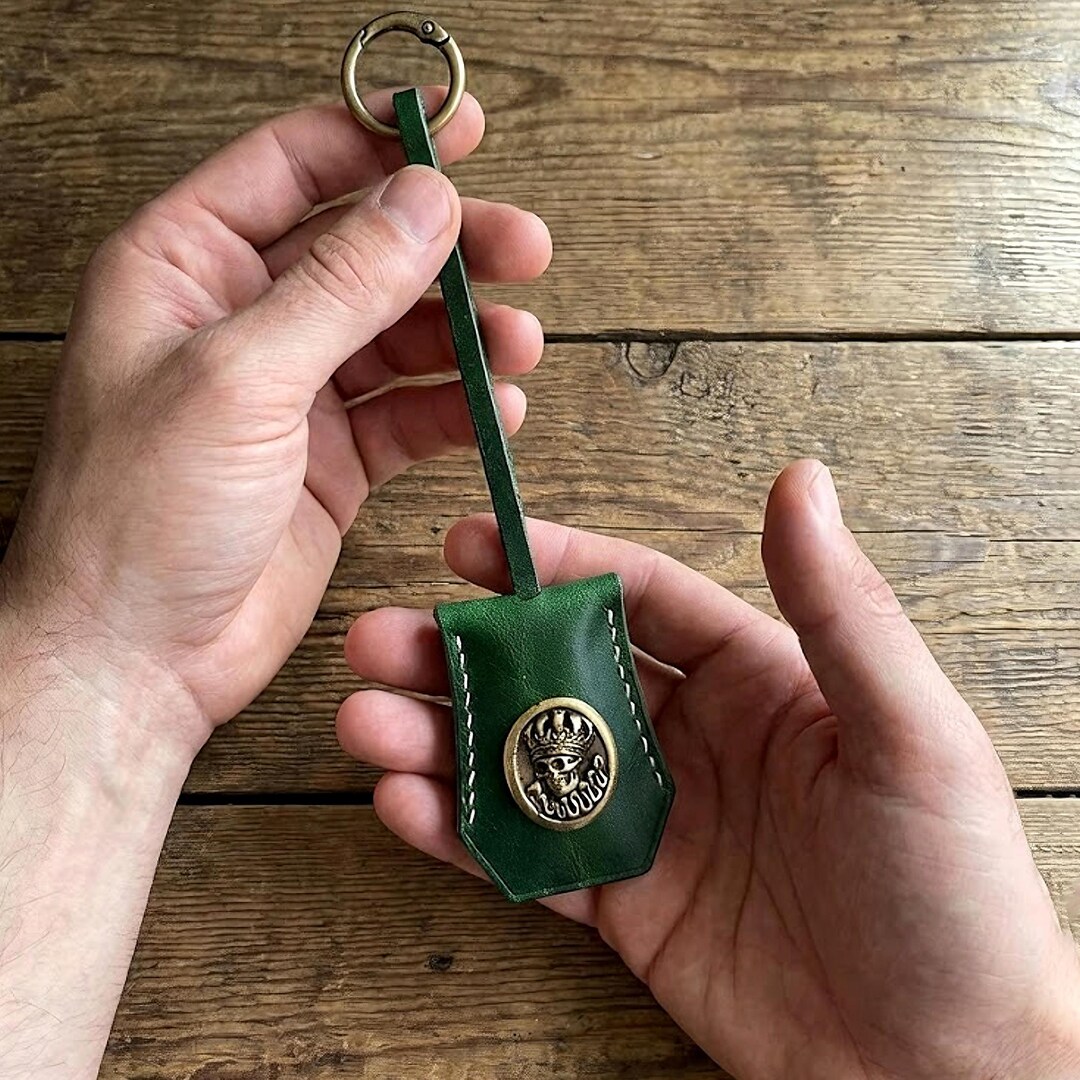 Green Leather Key Chain | Vintage Brass Skull Charm, Handmade ...