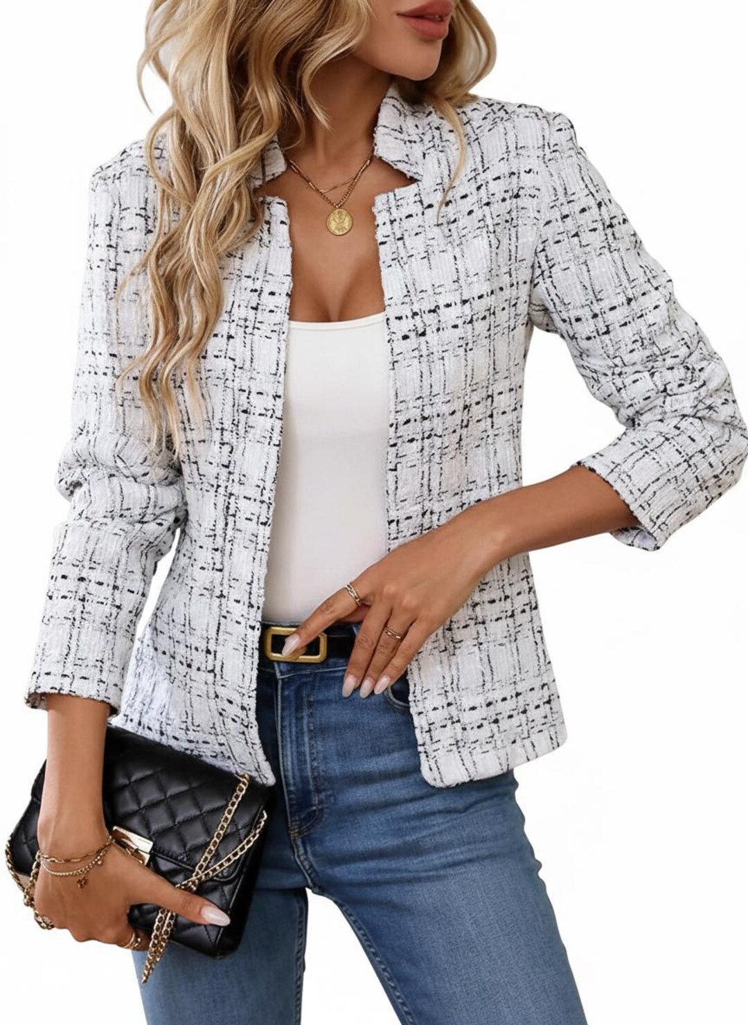 Women’s Tweed Open Front Blazer Jacket, Long Sleeve Notch Collar Office ...