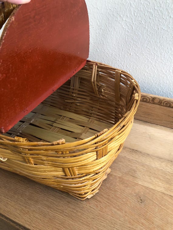 Vintage Rattan Wicker Wood Picnic Basket with Split L… - Gem