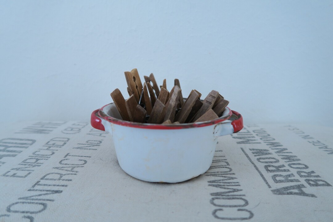 Vintage Round White Red Rim Small Enamel Pan With Clothespins - Etsy