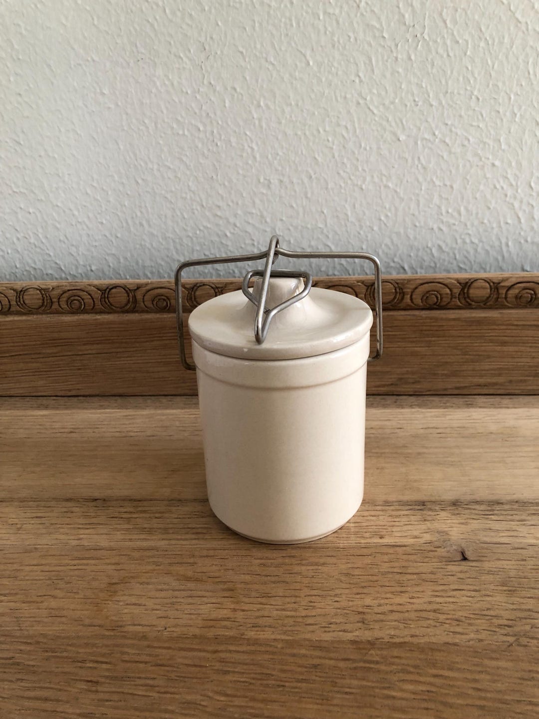 Vintage Natural Ivory Stoneware Cheese Butter Crock With Hinged Metal ...