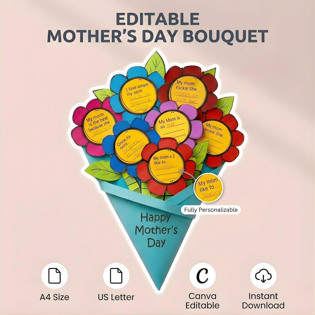 Editable Mother’s Day Flower Bouquet Craft for Kids, Personalizable ...