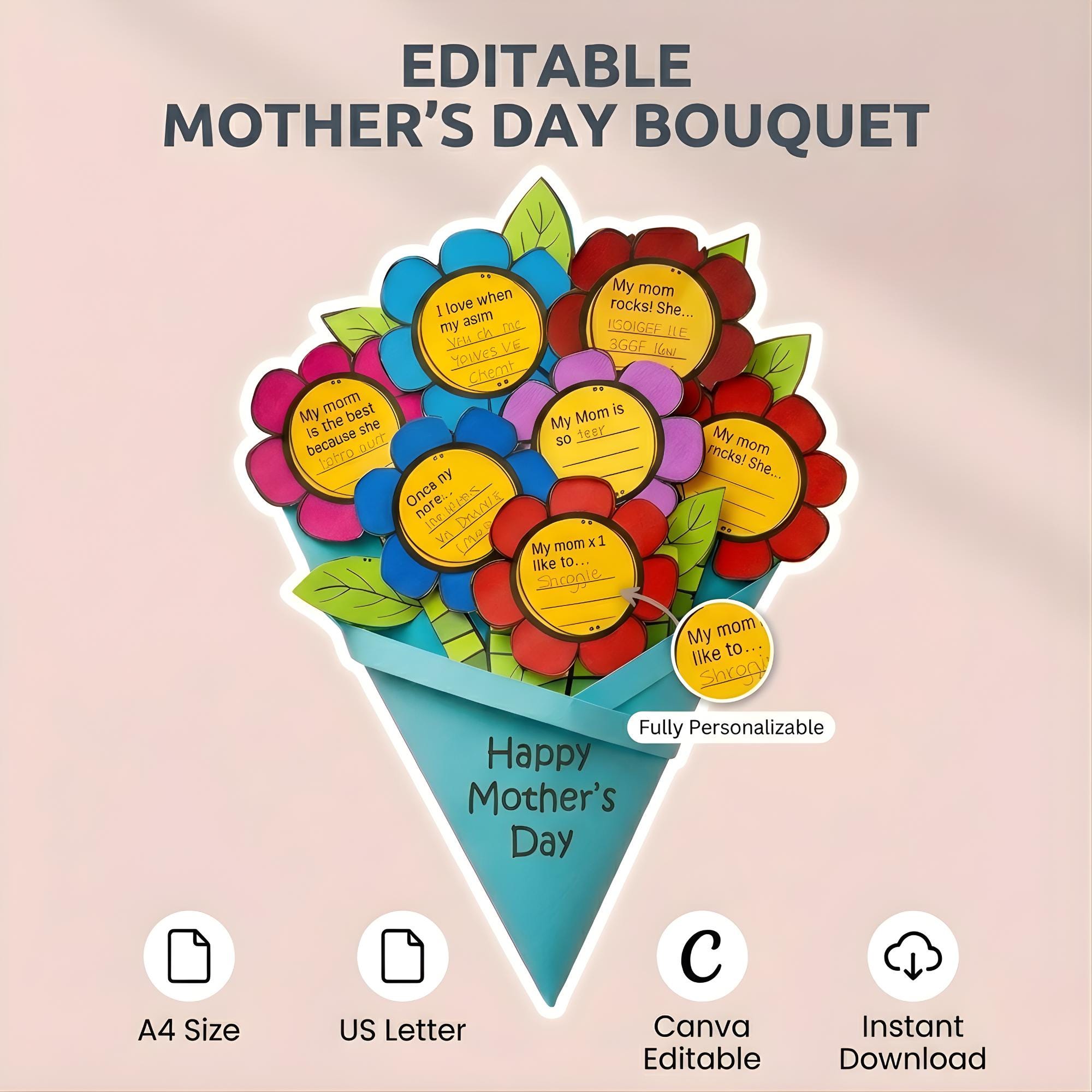 Editable Mother’s Day Flower Bouquet Craft for Kids, Personalizable ...