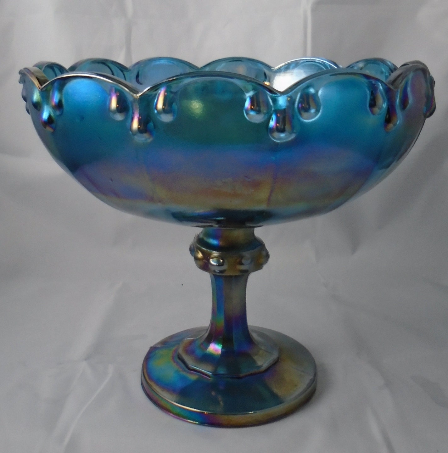 Indiana Blue Iridescent Carnival Glass Pedestal Large Fruit Etsy