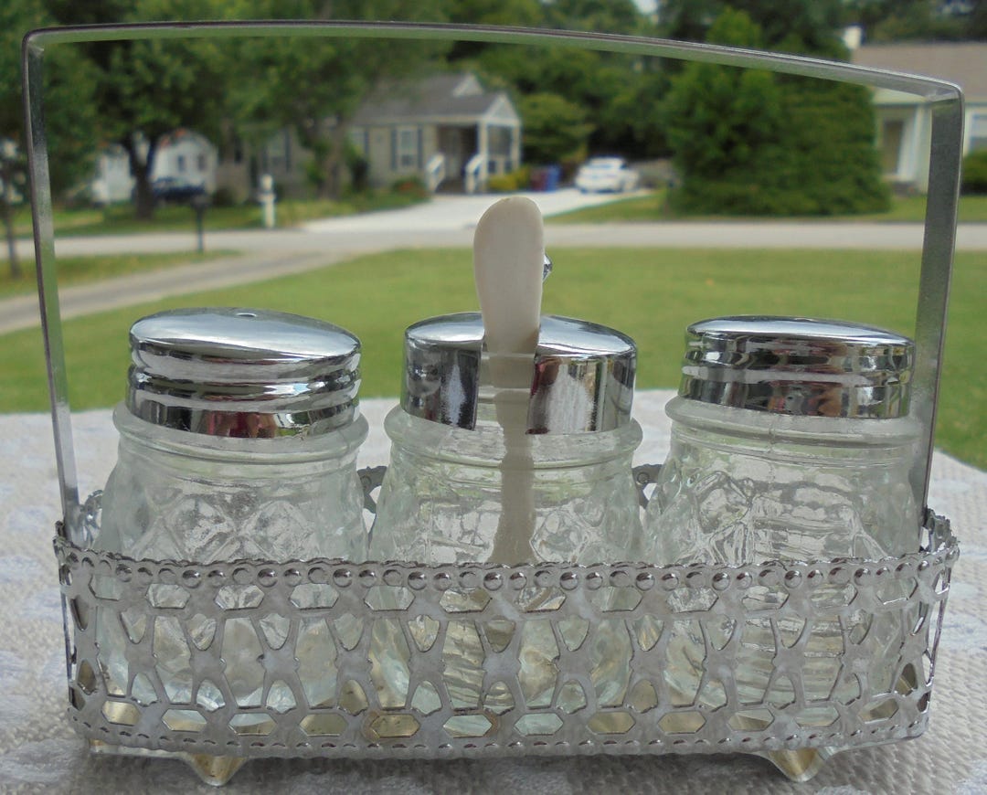 Vintage Condiment Cruet Set, Glass Chrome Silber Salt, Pepper, Sugar ...