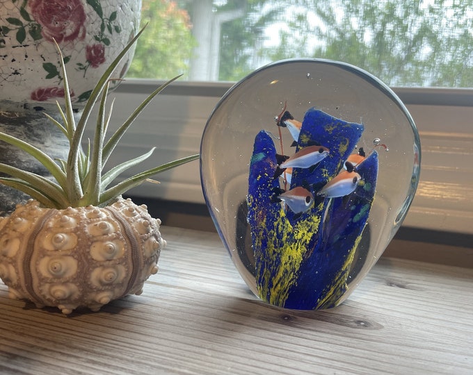 Vintage Glass Paperweight- Schooling Fish Coral Reef- Ocean Blown Glass ...