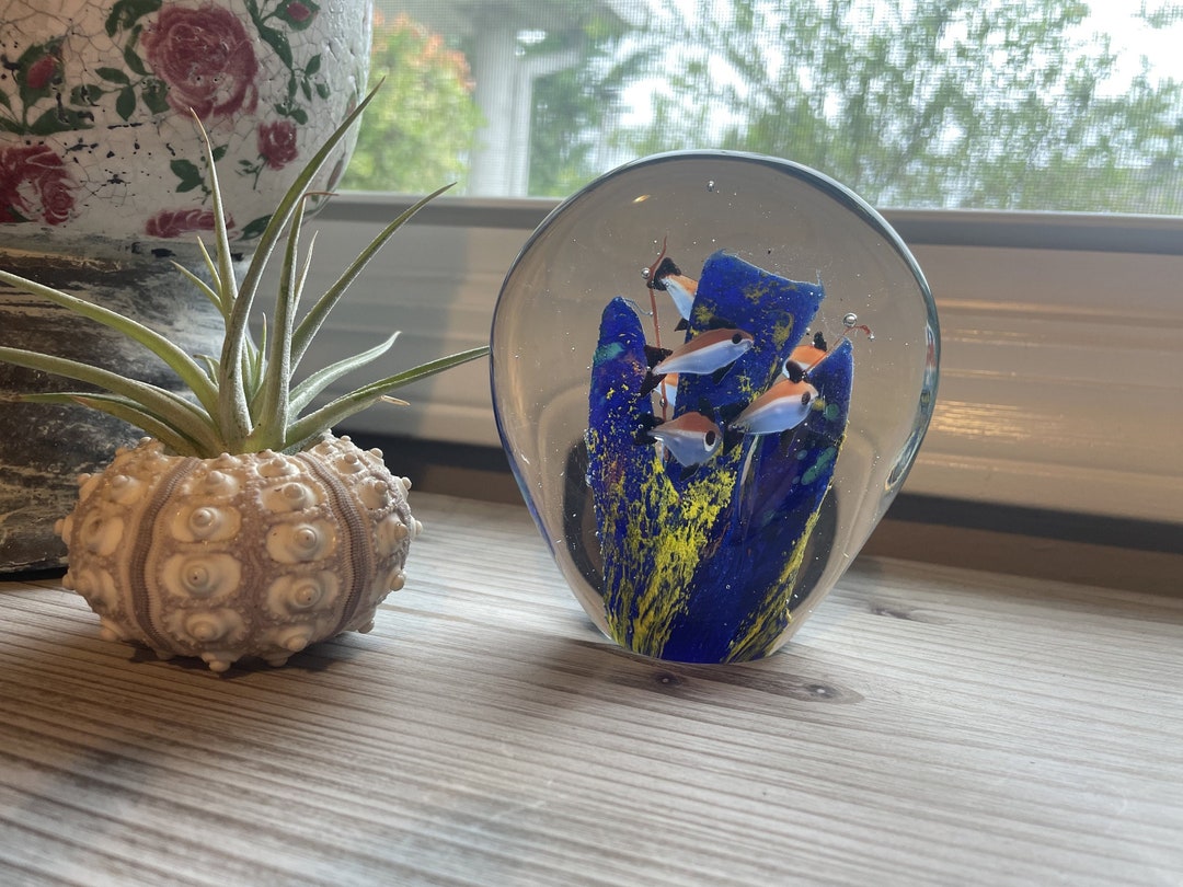 Vintage Glass Paperweight- Schooling Fish Coral Reef- Ocean Blown Glass ...