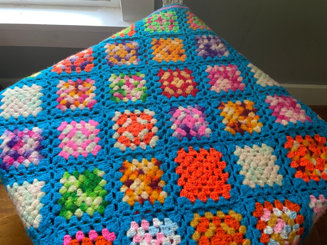 Vintage Neon/ Turquoise & Pink Granny Squares Afghan Cottagecore Neon ...