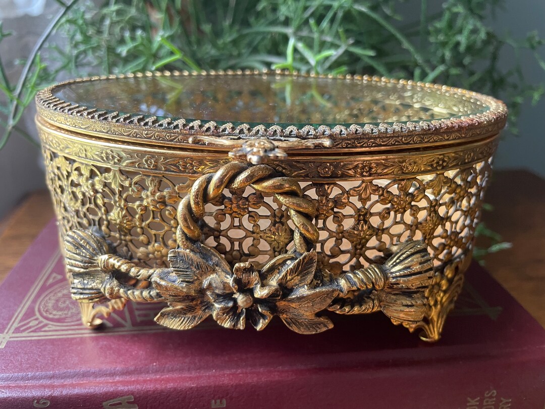 Vintage Ornate Metal & Glass Jewelry Caskets Vanity Jewelry Box ...