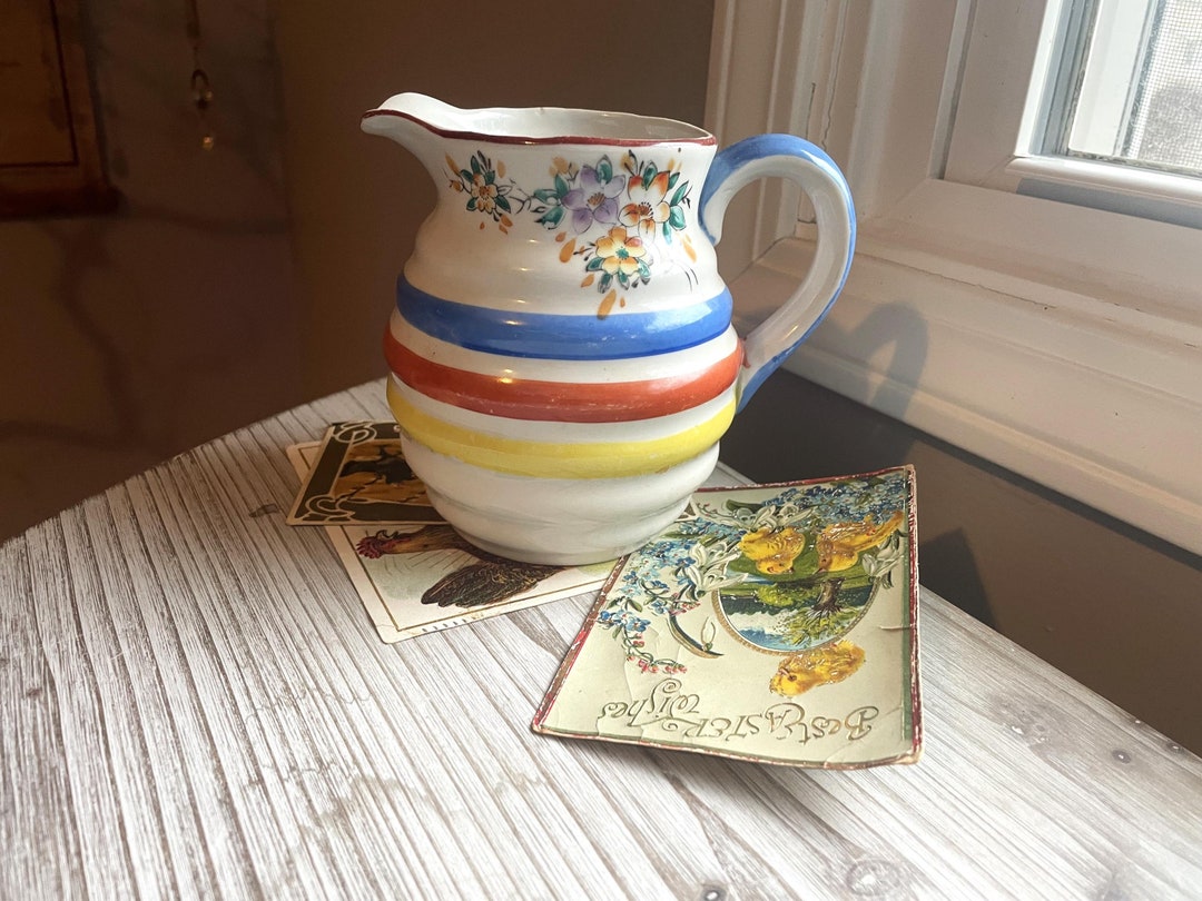 Vintage Farmhouse Pitcher- Primary Color Striped Ribbed Pitcher- Floral ...