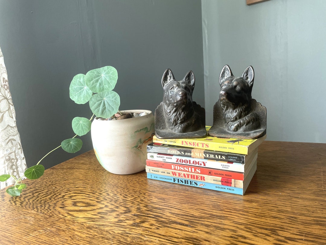 Vintage Pair Dog Bookends- Cast Iron German Shepherd Bust Figural ...