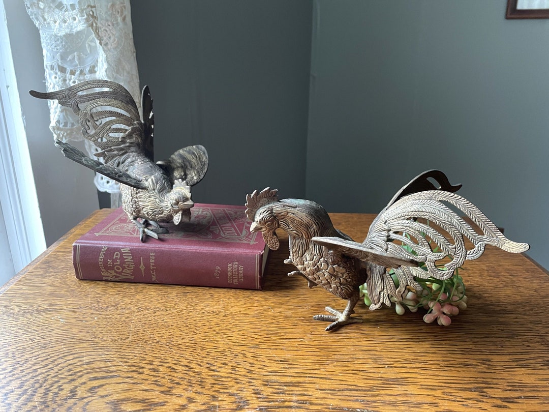 Vintage Pair- Cast Metal Fighting Roosters- Fighting Cocks- Rooster ...