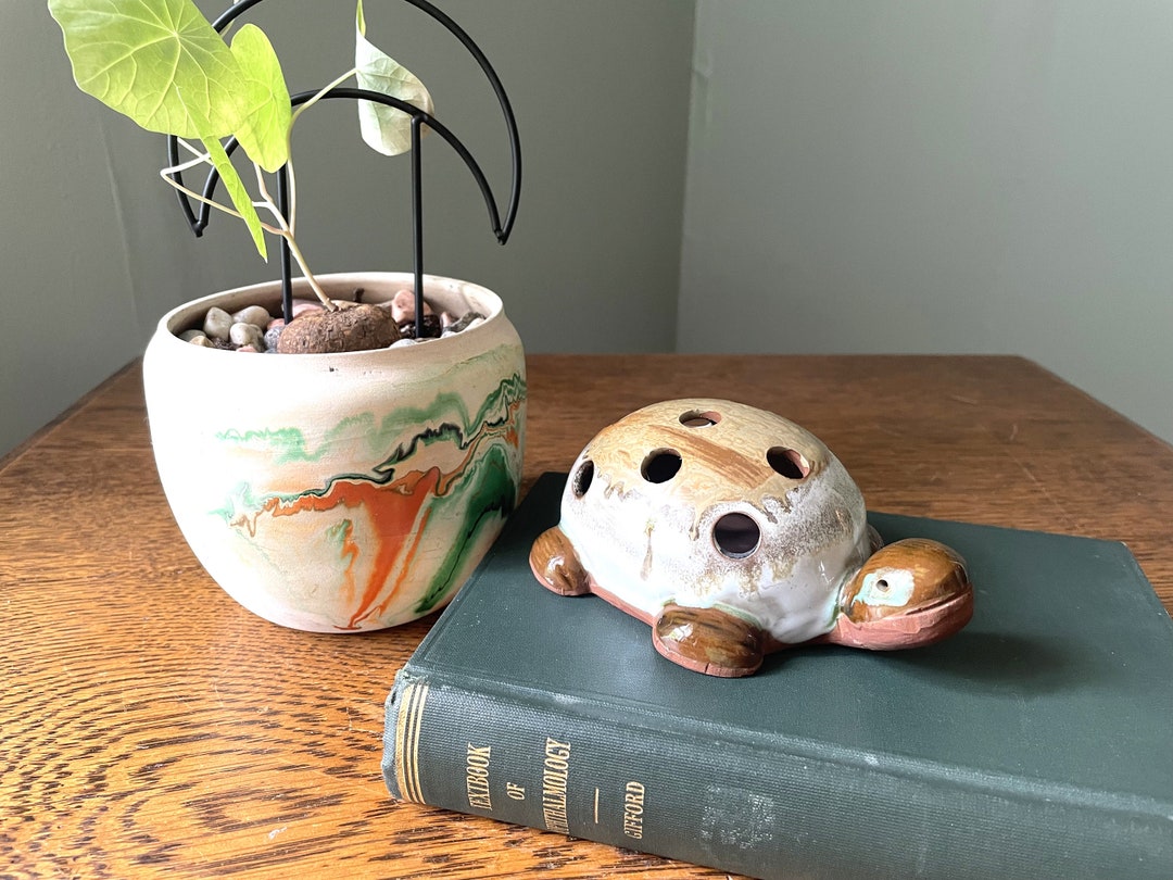 Vintage Mid- Century Pottery Glazed Turtle Flower Frog- Redware ...