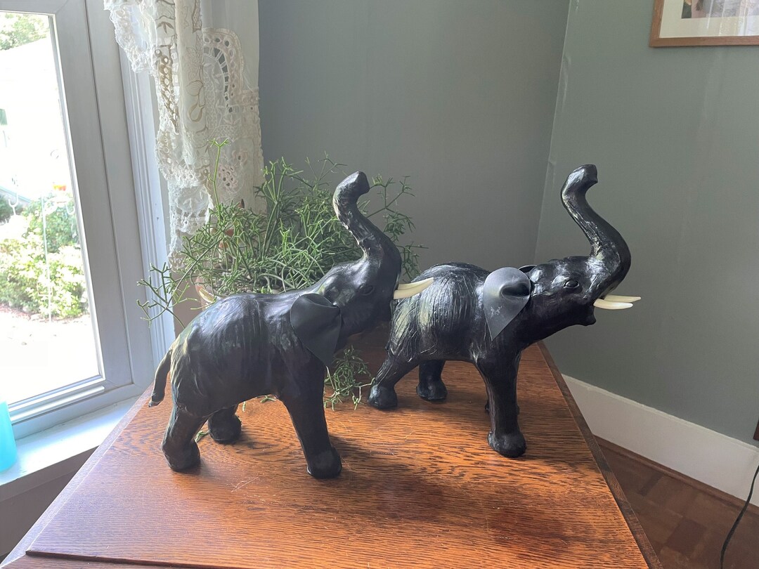 Vintage Pair- Leather- Wrapped Elephant Statues/ Figurines- African ...