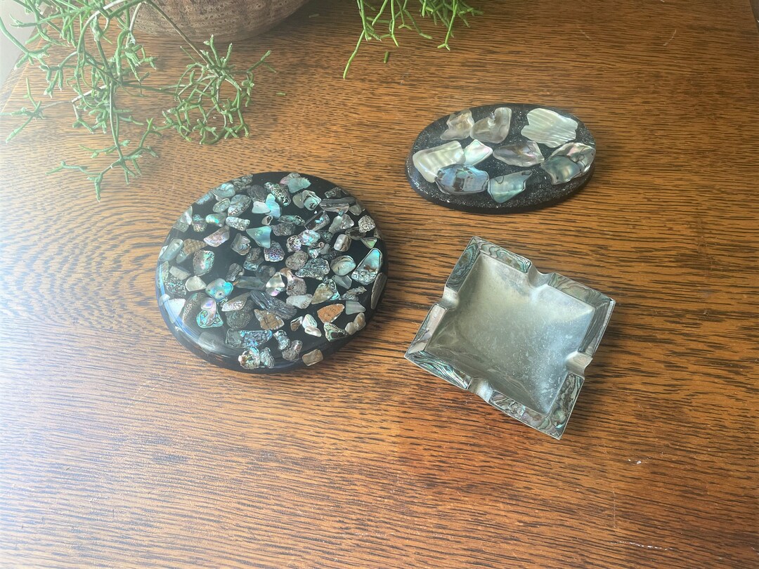 Vintage Trio- Abalone Trivet- Pen Holder- Ashtray- Shells Under Glass ...
