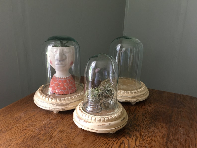 Vintage Glass Cloche/ Glass Dome/ Wood Base- Bell Jar- Shabby Chic ...