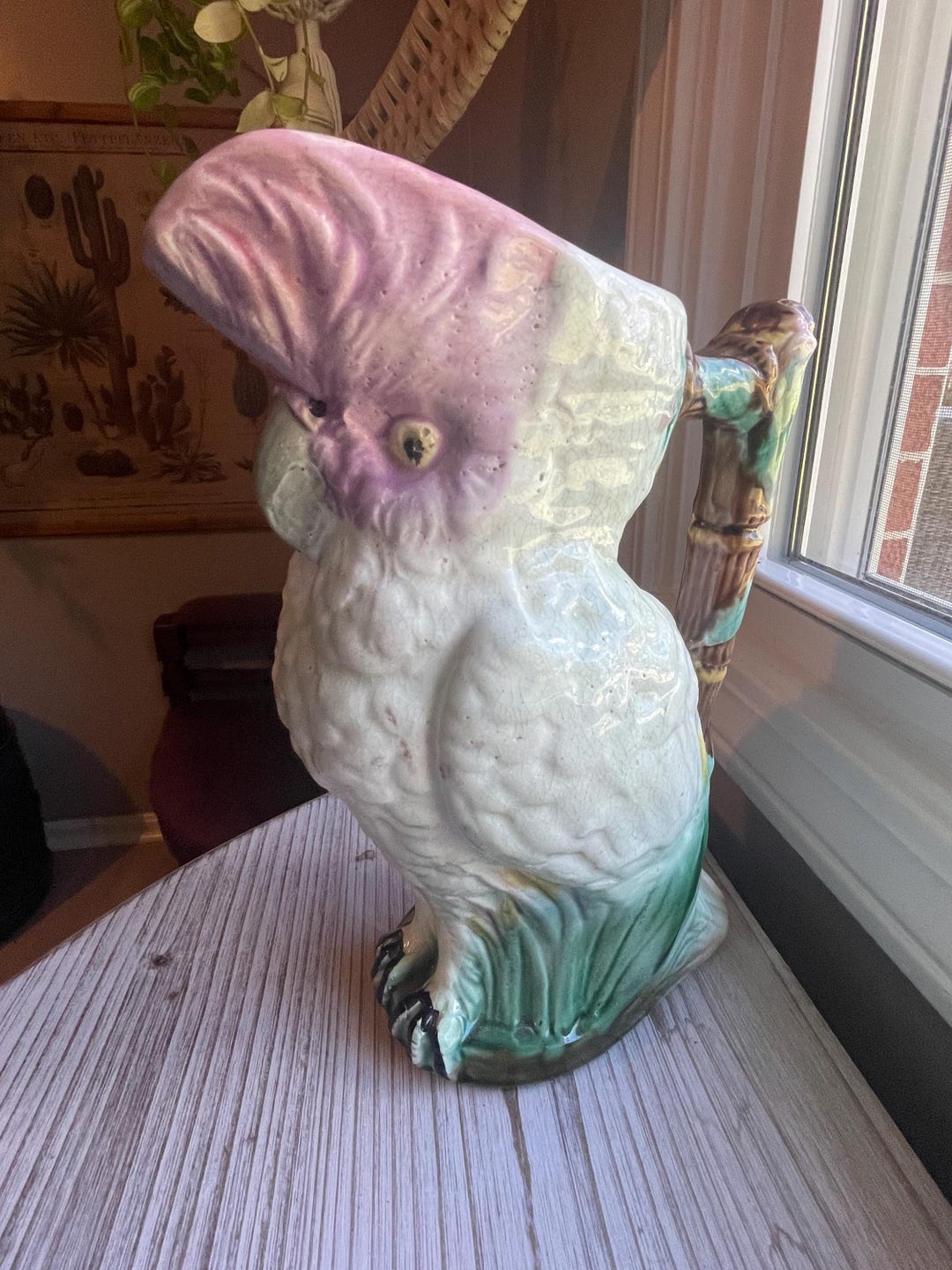 Vintage Majolica Ceramic Galah Cockatoo/ Bird Pitcher-vase With Bamboo ...