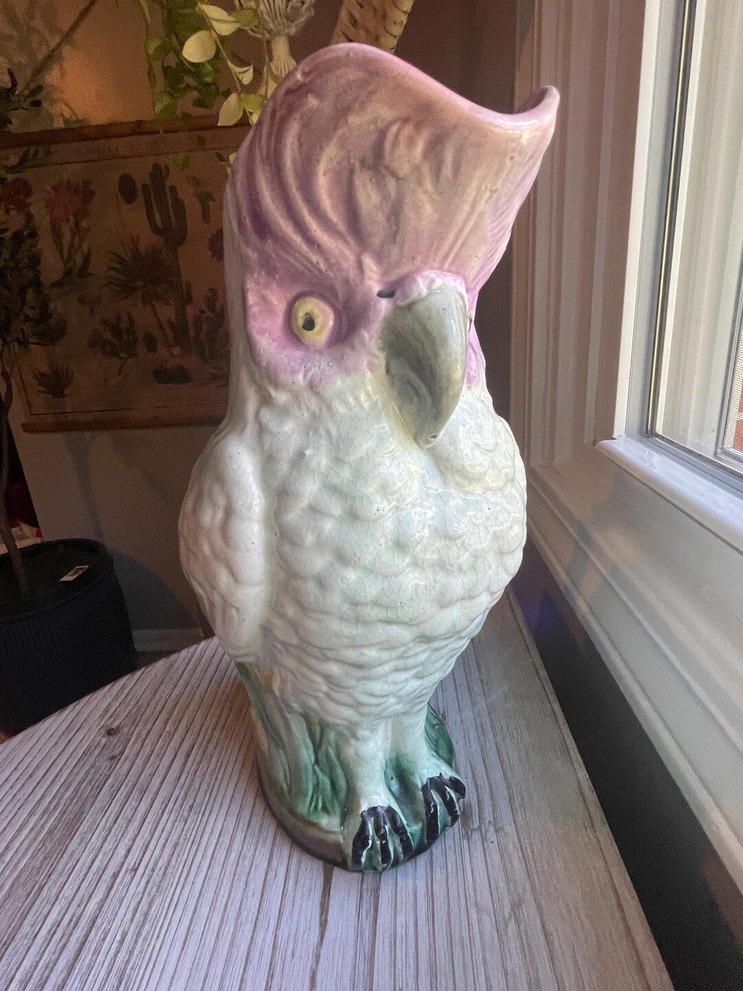 Vintage Majolica Ceramic Galah Cockatoo/ Bird Pitcher-vase With Bamboo ...