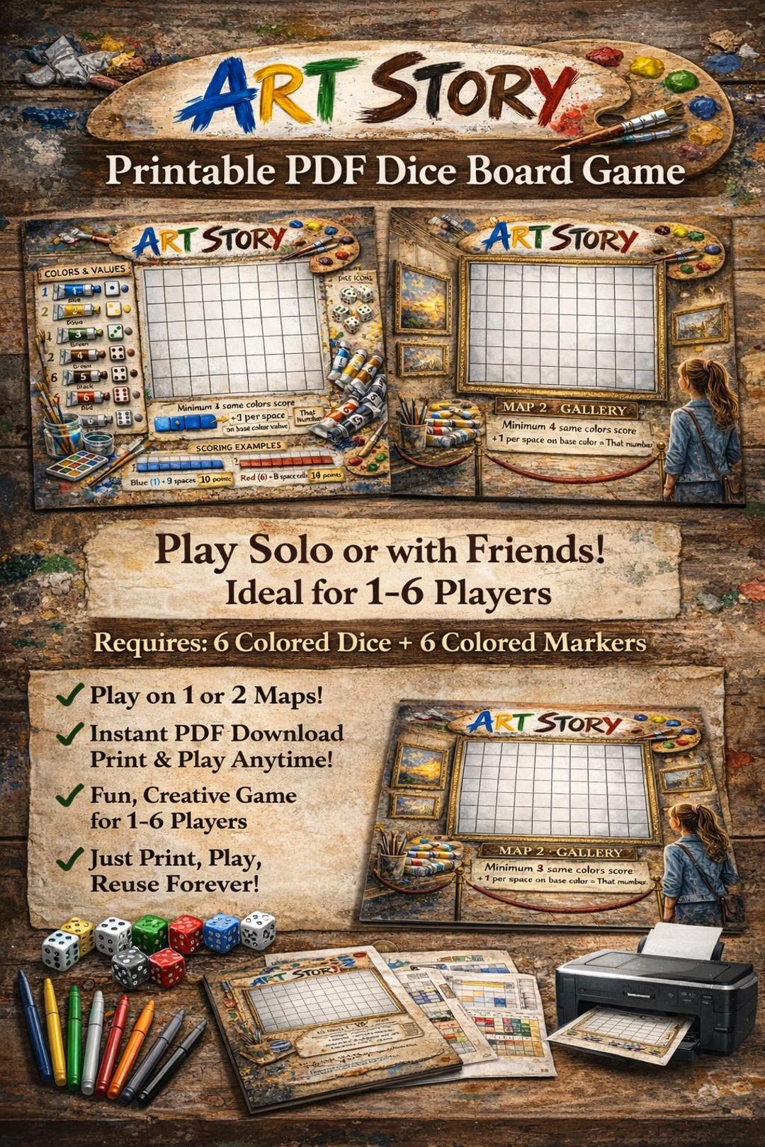 Art Story Roll and Write Board Game – Creative Strategy Dice Game (PDF ...