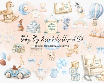 A New Chapter Begins Baby Shower Essentials Clipart Set, Watercolor Boy ...