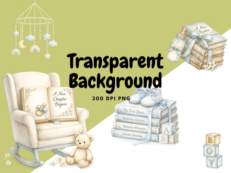 A New Chapter Begins Baby Shower Essentials Clipart Set, Watercolor Boy ...