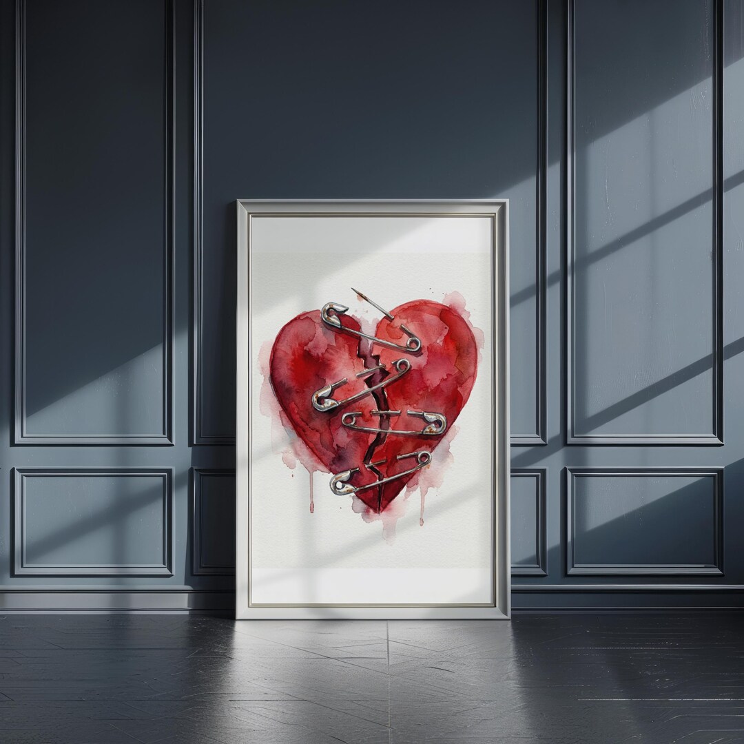 Broken Heart Safety Pins Print | Emo Art | Heartbreak Wall Decor | Punk ...
