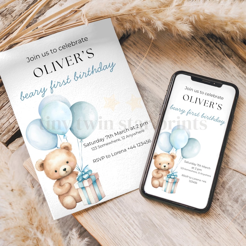 Blue Teddy Bear First Birthday Invitation | Watercolour Boy Party ...