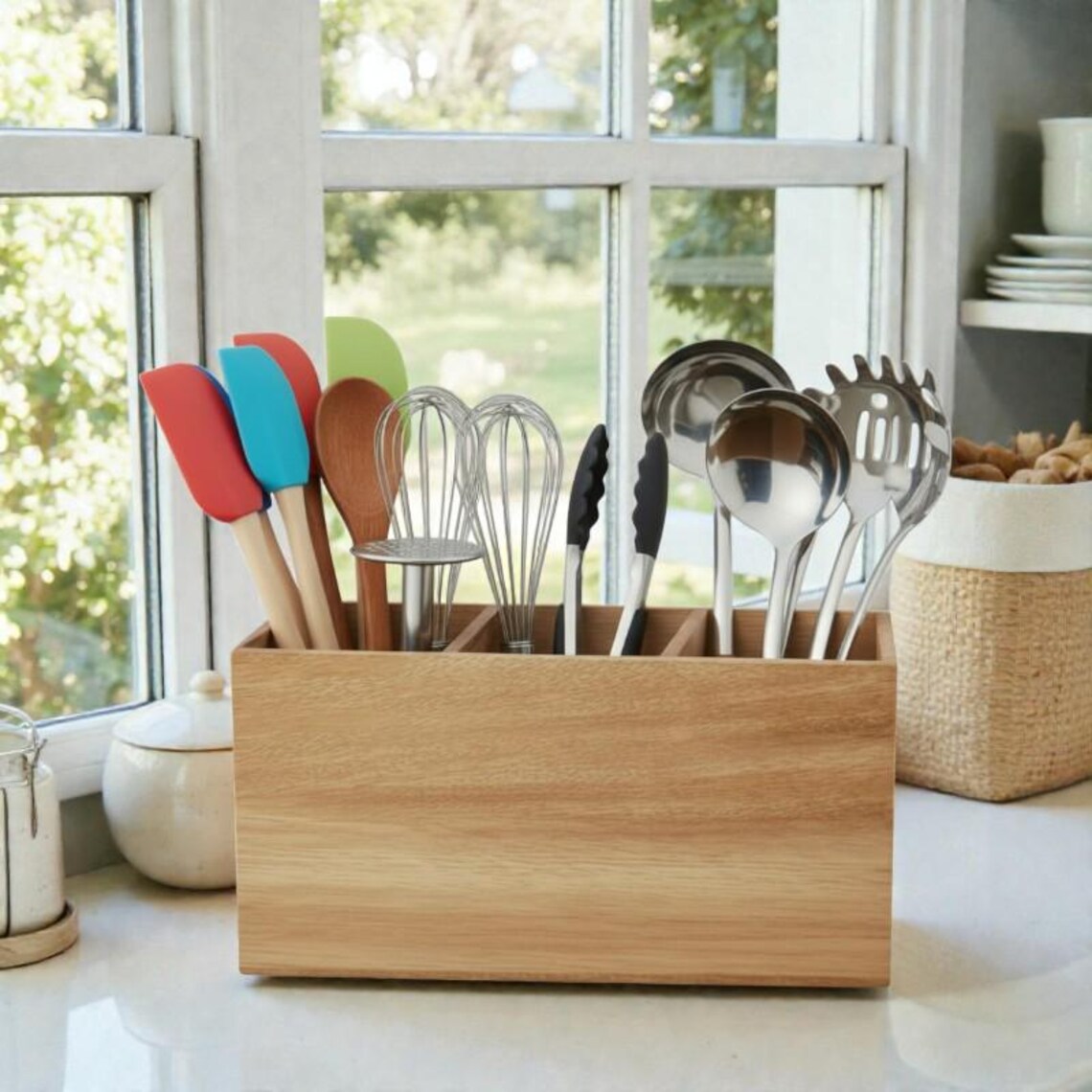 Walnut Wood Cutlery Organizer Handmade Acacia Style Kitchen Utensil Box ...