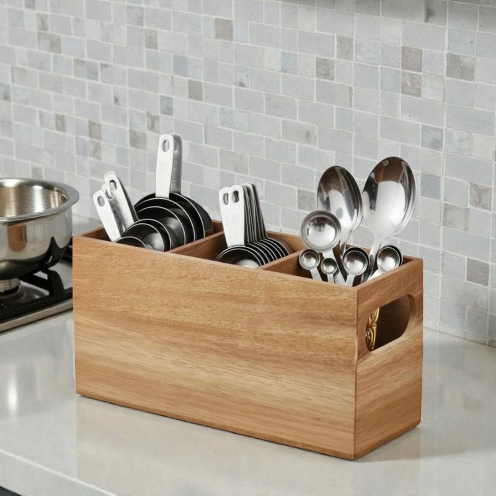 Walnut Wood Cutlery Organizer Handmade Acacia Style Kitchen Utensil Box ...