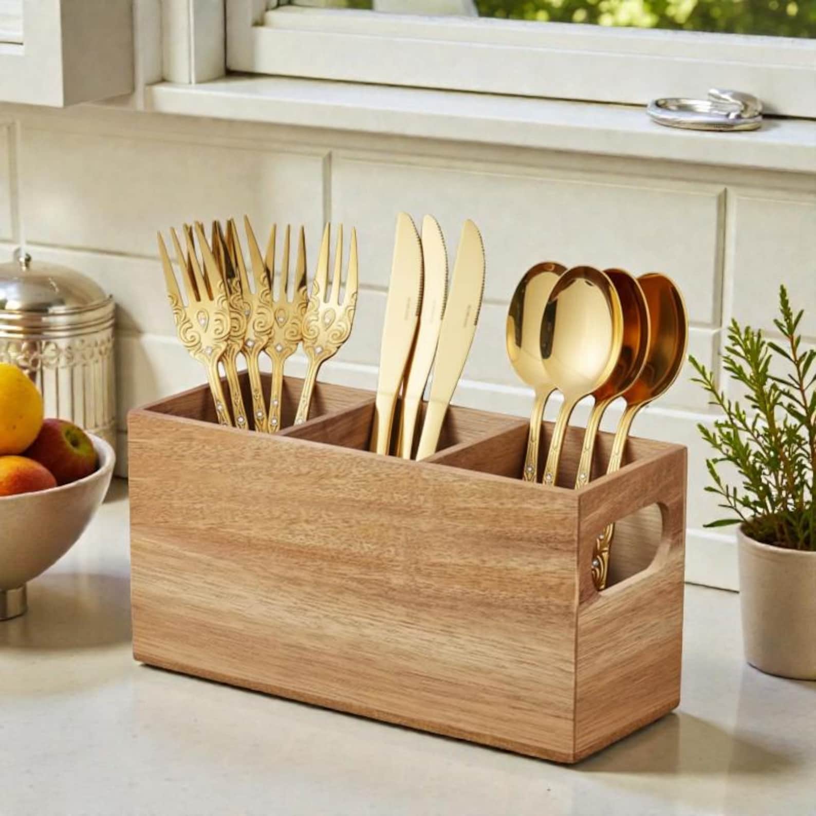 Walnut Wood Cutlery Organizer Handmade Acacia Style Kitchen Utensil Box ...