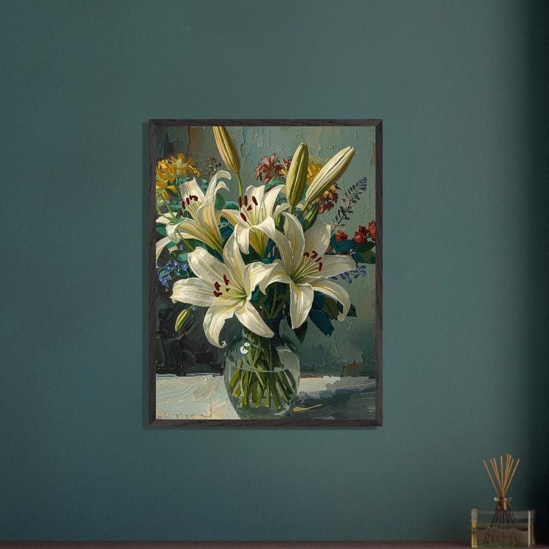 White Lily Bouquet Impasto Painting, Framed Floral Wall Art, Modern ...