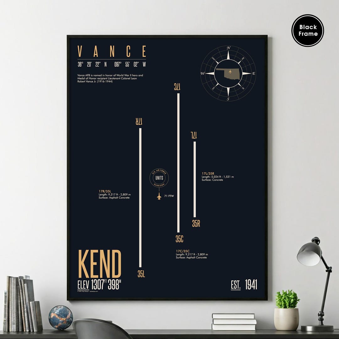 Vance Air Force Base Runway Map Art Print, Oklahoma (KEND) - Etsy
