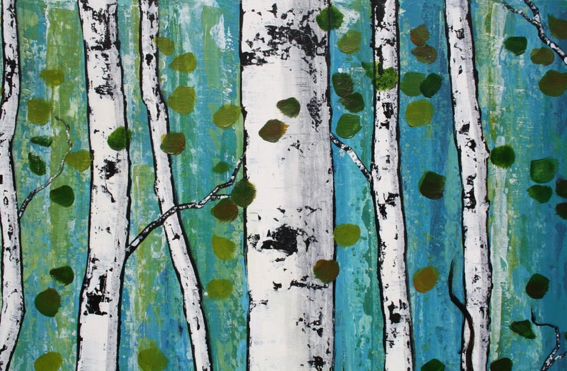 Abstract painting panoramic birch tree painting white birch | Etsy