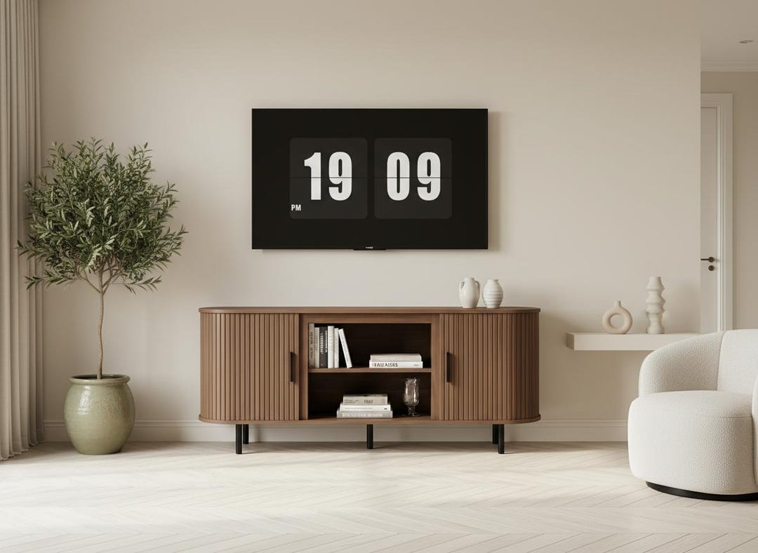 Fluted Walnut TV Stand, Curved Media Console With Sliding Doors - Etsy