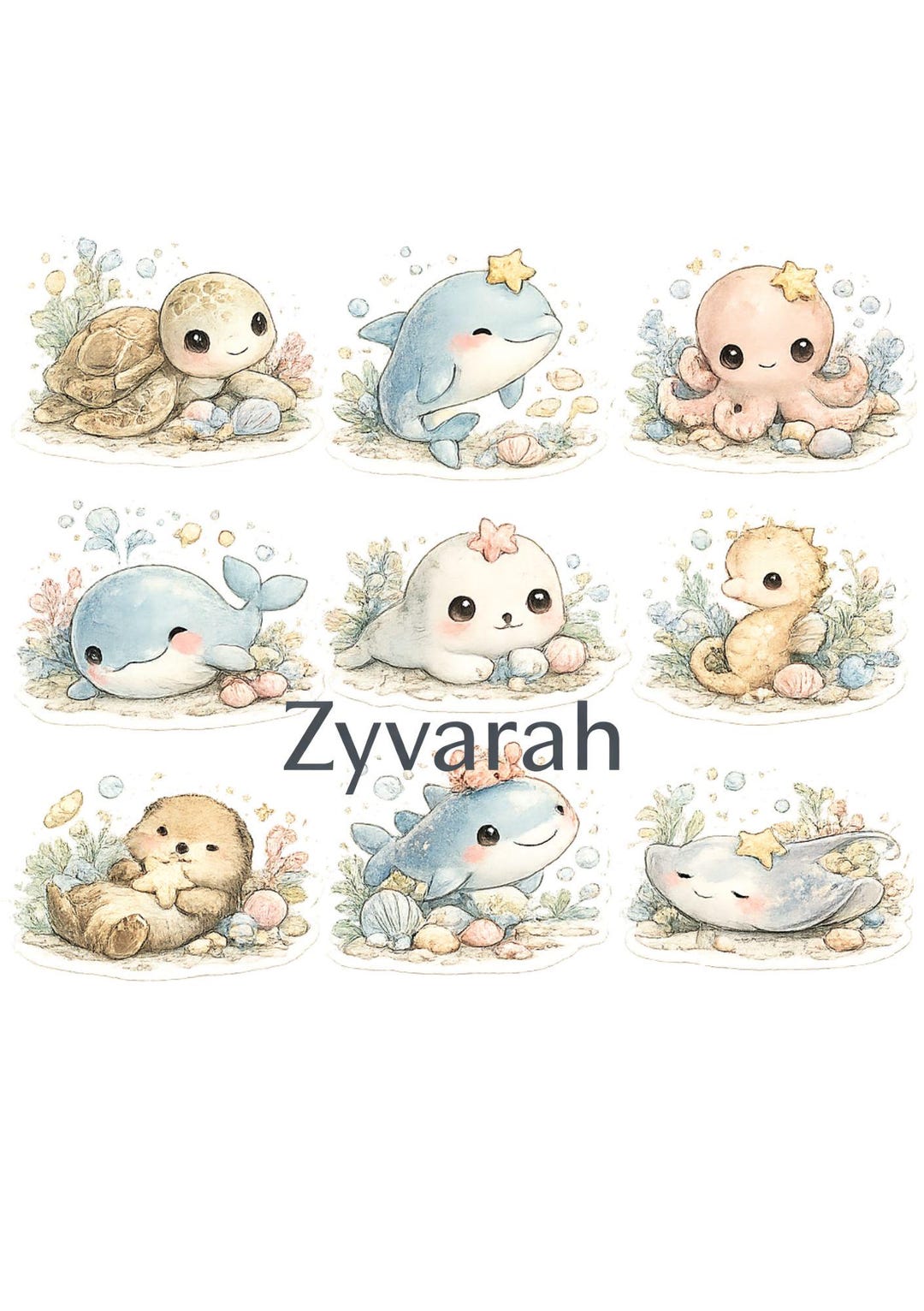 Stickers Cute Ocean Baby Animals Watercolor Clipart Set, Turtle Dolphin ...