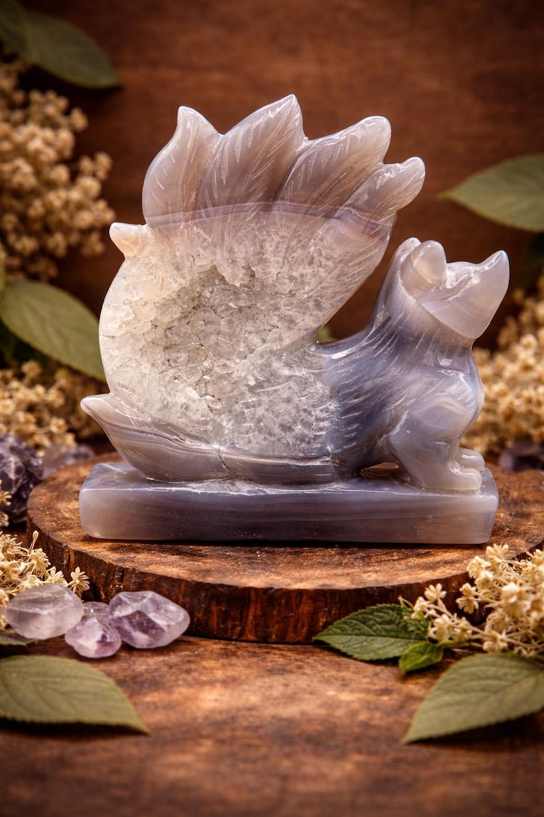 Agate Nine Tail Fox Carving | Druzy Crystal Spirit Statue | Kitsune ...