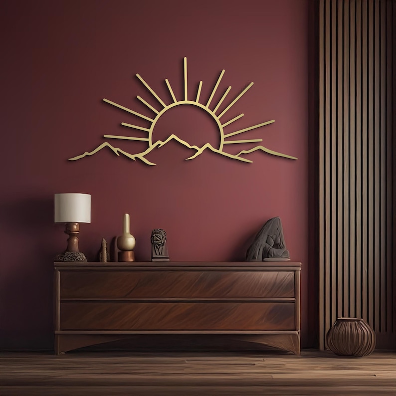 Minimalist Metal Wall Art, Mountain Sunrise Decor, Modern Landscape ...