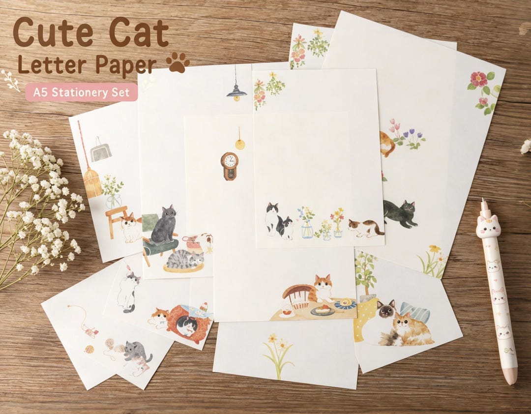 Cat Letter Paper Set A5, Kawaii Writing Paper, Cute Cat Stationery ...