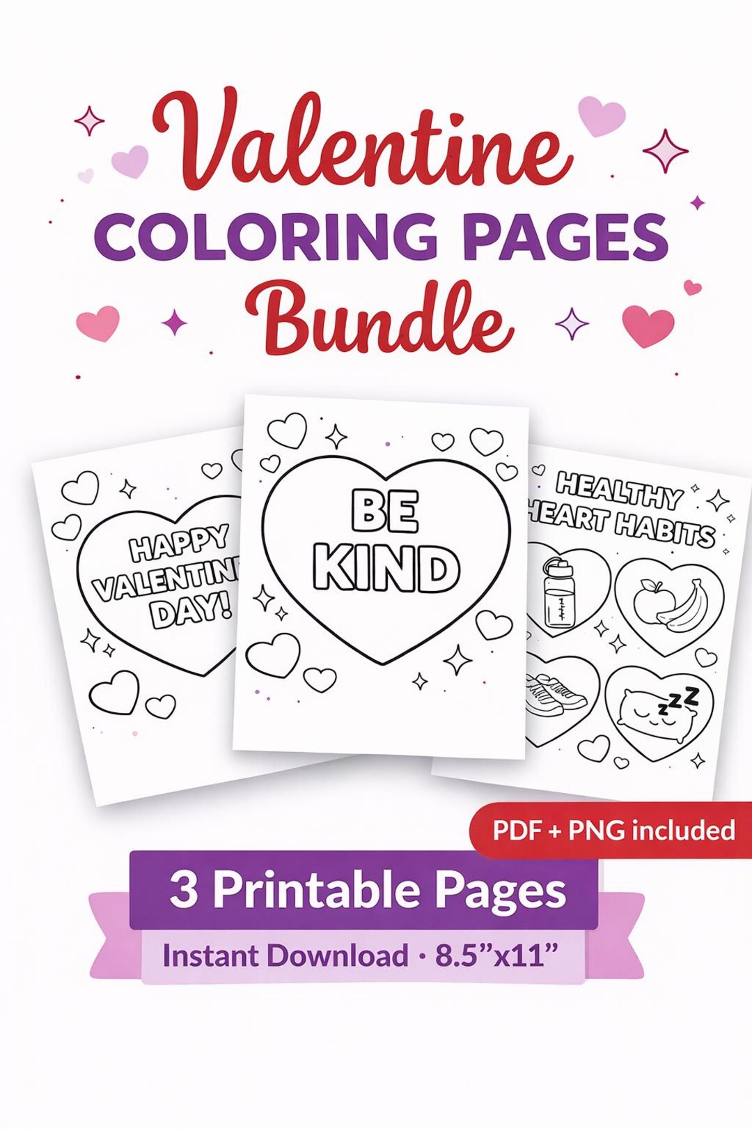 Valentine's Day Coloring Pages, Kids' Activity, Be Kind (PDF & PNG ...