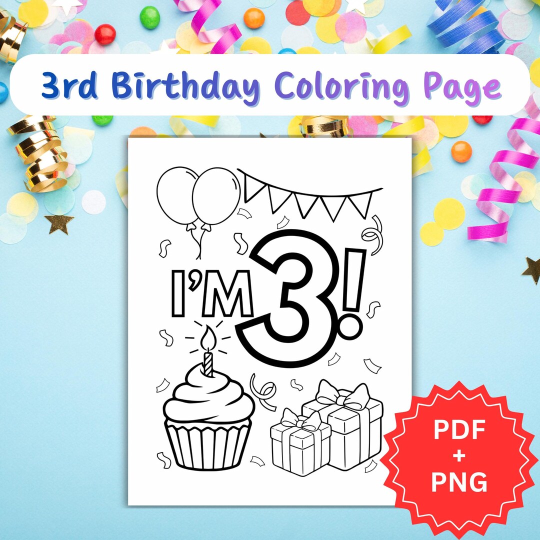 3rd Birthday Coloring Page | Age 3 Printable | Instant Download | PDF ...