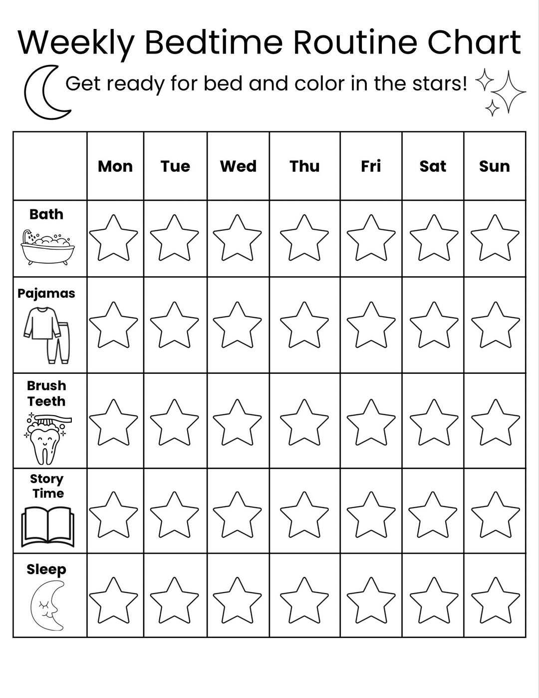 Kids Bedtime Routine Chart, Color in Stars, Toddler Tracker (PDF ...