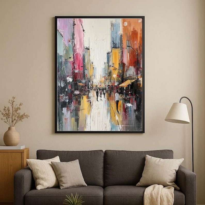 Modern Cityscape Painting, Abstract Urban Street Art, Contemporary ...